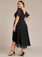 China Empire Plus Size V-neck High-low A-line Short Sleeve Ruffled Black Chiffon Wedding Guest Cocktail Dress for sale