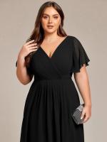 China Empire Plus Size V-neck High-low A-line Short Sleeve Ruffled Black Chiffon Wedding Guest Cocktail Dress for sale