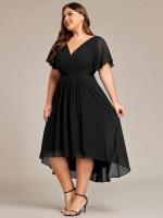 China Empire Plus Size V-neck High-low A-line Short Sleeve Ruffled Black Chiffon Wedding Guest Cocktail Dress for sale