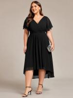 China Empire Plus Size V-neck High-low A-line Short Sleeve Ruffled Black Chiffon Wedding Guest Cocktail Dress for sale