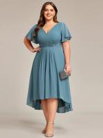 China Empire Plus Size V-neck High-low A-line Short Sleeve Ruffled Dusty Blue Chiffon Wedding Guest Cocktail Dress for sale