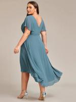 China Empire Plus Size V-neck High-low A-line Short Sleeve Ruffled Dusty Blue Chiffon Wedding Guest Cocktail Dress for sale