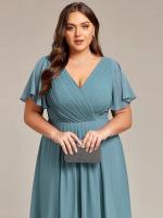 China Empire Plus Size V-neck High-low A-line Short Sleeve Ruffled Dusty Blue Chiffon Wedding Guest Cocktail Dress for sale