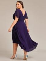 China Empire Plus Size V-neck High-low A-line Short Sleeve Ruffled Dark Purple Chiffon Wedding Guest Homecoming Dress for sale