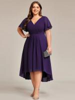 China Empire Plus Size V-neck High-low A-line Short Sleeve Ruffled Dark Purple Chiffon Wedding Guest Homecoming Dress for sale
