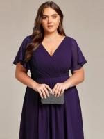 China Empire Plus Size V-neck High-low A-line Short Sleeve Ruffled Dark Purple Chiffon Wedding Guest Homecoming Dress for sale