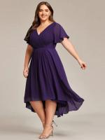 China Empire Plus Size V-neck High-low A-line Short Sleeve Ruffled Teal Chiffon Wedding Guest Homecoming Dress for sale