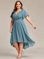 China Empire Plus Size V-neck High-low A-line Short Sleeve Ruffled Teal Chiffon Wedding Guest Homecoming Dress for sale