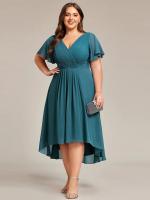 China Empire Plus Size V-neck High-low A-line Short Sleeve Ruffled Teal Chiffon Wedding Guest Homecoming Dress for sale