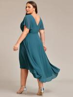 China Empire Plus Size V-neck High-low A-line Short Sleeve Ruffled Teal Chiffon Wedding Guest Homecoming Dress for sale
