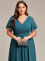 China Empire Plus Size V-neck High-low A-line Short Sleeve Ruffled Teal Chiffon Wedding Guest Homecoming Dress for sale