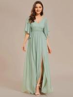 China Sexy A-line Half Sleeves V-neck Ruffled High Slit Mint Green Chiffon Bridesmaid Dress for sale