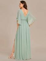 China Sexy A-line Half Sleeves V-neck Ruffled High Slit Mint Green Chiffon Bridesmaid Dress for sale