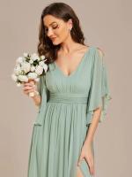 China Sexy A-line Half Sleeves V-neck Ruffled High Slit Mint Green Chiffon Bridesmaid Dress for sale