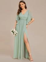 China Sexy A-line Half Sleeves V-neck Ruffled High Slit Mint Green Chiffon Bridesmaid Dress for sale
