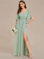 China Sexy A-line Half Sleeves V-neck Ruffled High Slit Mint Green Chiffon Bridesmaid Dress for sale