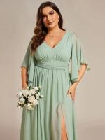 China Sexy A-line Half Sleeves V-neck Ruffled High Slit Mint Green Chiffon Bridesmaid Dress for sale