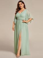 China Sexy A-line Half Sleeves V-neck Ruffled High Slit Mint Green Chiffon Bridesmaid Dress for sale