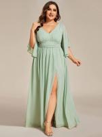 China Plus Size A-line Half Sleeves V-neck Ruffled High Slit Purple Orchid Chiffon Evening Dress for sale