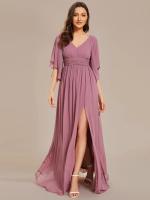 China Plus Size A-line Half Sleeves V-neck Ruffled High Slit Purple Orchid Chiffon Evening Dress for sale