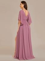 China Plus Size A-line Half Sleeves V-neck Ruffled High Slit Purple Orchid Chiffon Evening Dress for sale