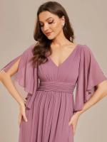 China Plus Size A-line Half Sleeves V-neck Ruffled High Slit Purple Orchid Chiffon Evening Dress for sale