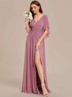China Plus Size A-line Half Sleeves V-neck Ruffled High Slit Purple Orchid Chiffon Evening Dress for sale