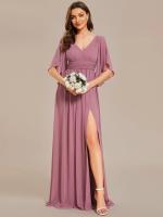 China Plus Size A-line Half Sleeves V-neck Ruffled High Slit Purple Orchid Chiffon Evening Dress for sale