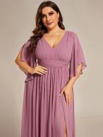 China Plus Size A-line Half Sleeves V-neck Ruffled High Slit Purple Orchid Chiffon Evening Dress for sale