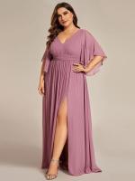 China Plus Size A-line Half Sleeves V-neck Ruffled High Slit Purple Orchid Chiffon Evening Dress for sale