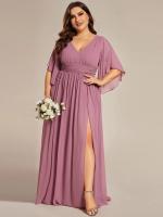 China Plus Size A-line Half Sleeves V-neck Ruffled High Slit Purple Orchid Chiffon Evening Dress for sale