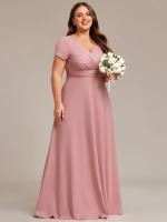 China Simple Plus Size V-neck Empire Waist A-line Short Sleeve Zipper Dusty Rose Chiffon Bridesmaid Dress for sale