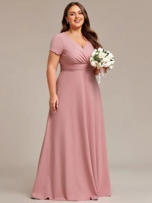 China Simple Plus Size V-neck Empire Waist A-line Short Sleeve Zipper Dusty Rose Chiffon Bridesmaid Dress for sale