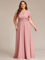 China Simple Plus Size V-neck Empire Waist A-line Short Sleeve Zipper Burgundy Chiffon Evening Dress for sale