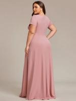 China Simple Plus Size V-neck Empire Waist A-line Short Sleeve Zipper Burgundy Chiffon Evening Dress for sale