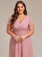 China Simple Plus Size V-neck Empire Waist A-line Short Sleeve Zipper Burgundy Chiffon Evening Dress for sale