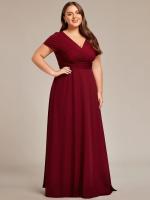 China Simple Plus Size V-neck Empire Waist A-line Short Sleeve Zipper Burgundy Chiffon Evening Dress for sale