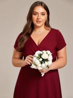 China Simple Plus Size V-neck Empire Waist A-line Short Sleeve Zipper Burgundy Chiffon Evening Dress for sale