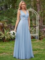 China Elegant Empire Beaded Sleeveless V-neck Ruffled Spaghetti Strap A-line Light Blue Tulle Bridesmaid Dress for sale