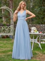 China Elegant Empire Beaded Sleeveless V-neck Ruffled Spaghetti Strap A-line Light Blue Tulle Bridesmaid Dress for sale