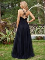 China Elegant Empire Beaded Sleeveless V-neck Ruffled Spaghetti Strap A-line Light Blue Tulle Bridesmaid Dress for sale