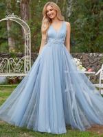 China Charming Empire Beaded Sleeveless V-neck Ruffled Spaghetti Strap A-line Pink Tulle Evening Dress for sale