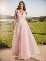 China Charming Empire Beaded Sleeveless V-neck Ruffled Spaghetti Strap A-line Pink Tulle Evening Dress for sale