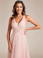 China Charming Empire Beaded Sleeveless V-neck Ruffled Spaghetti Strap A-line Pink Tulle Evening Dress for sale