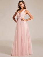 China Charming Empire Beaded Sleeveless V-neck Ruffled Spaghetti Strap A-line Pink Tulle Evening Dress for sale