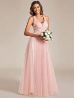 China Charming Empire Beaded Sleeveless V-neck Ruffled Spaghetti Strap A-line Pink Tulle Evening Dress for sale
