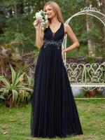 China Sexy Empire Beaded Sleeveless V-neck Ruffled Spaghetti Strap A-line Black Tulle Prom Dress for sale
