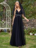 China Sexy Empire Beaded Sleeveless V-neck Ruffled Spaghetti Strap A-line Black Tulle Prom Dress for sale