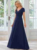 China Sexy Custom Size V-neck Simple Pleated Empire Waist A-line Short Sleeve Burgundy Satin Bridesmaid Dress for sale