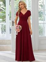 China Sexy Custom Size V-neck Simple Pleated Empire Waist A-line Short Sleeve Burgundy Satin Bridesmaid Dress for sale
